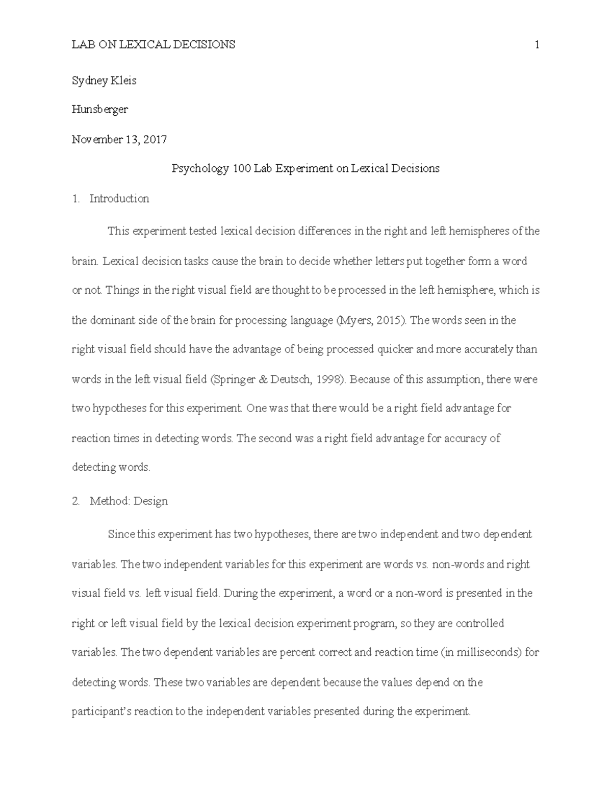 Psychology 100 Lab Experiment on Lexical Decisions - Sydney Kleis ...