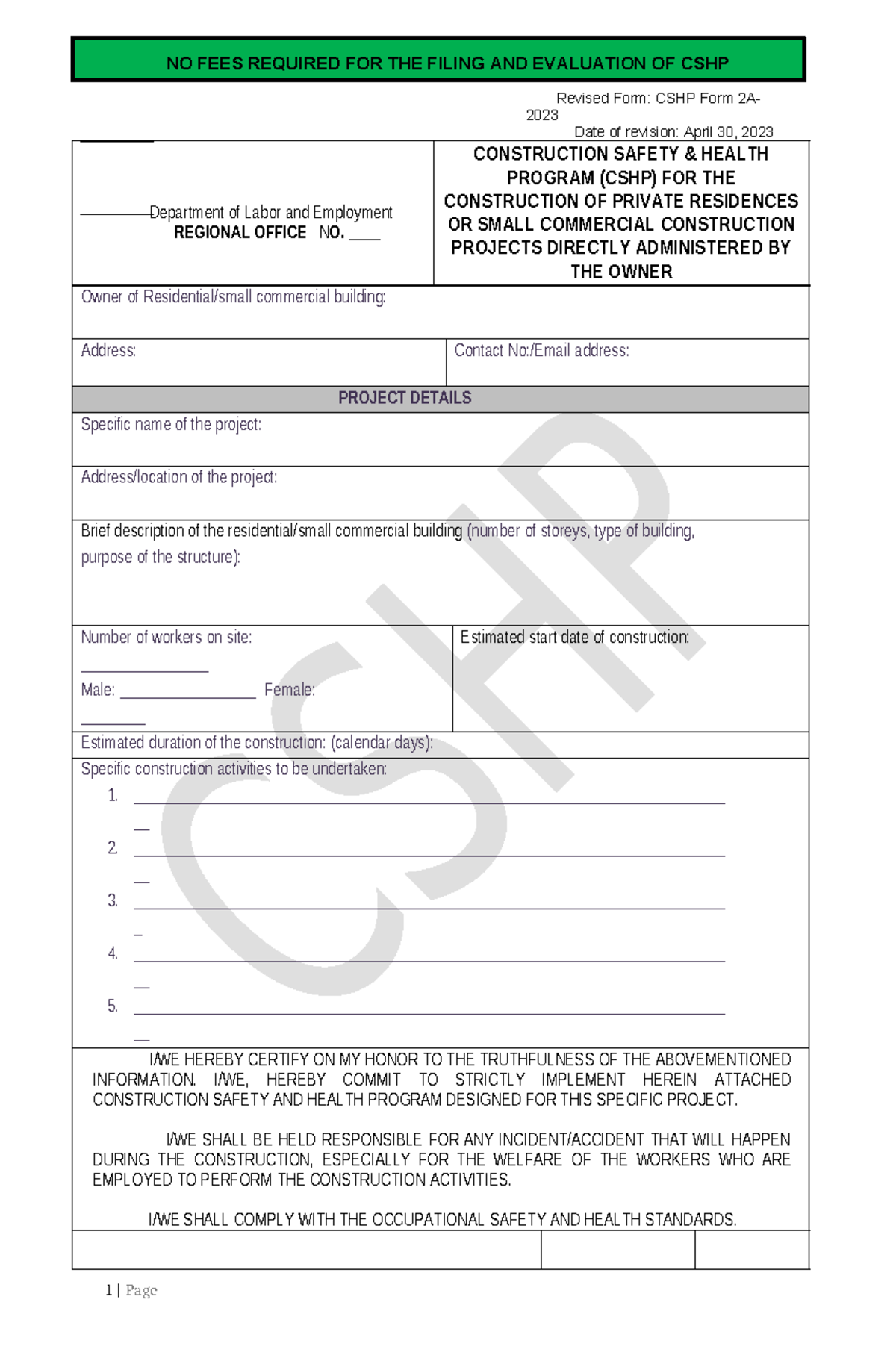 CSHP 2023 Form 2A - Application Guide for Construction Safety ...