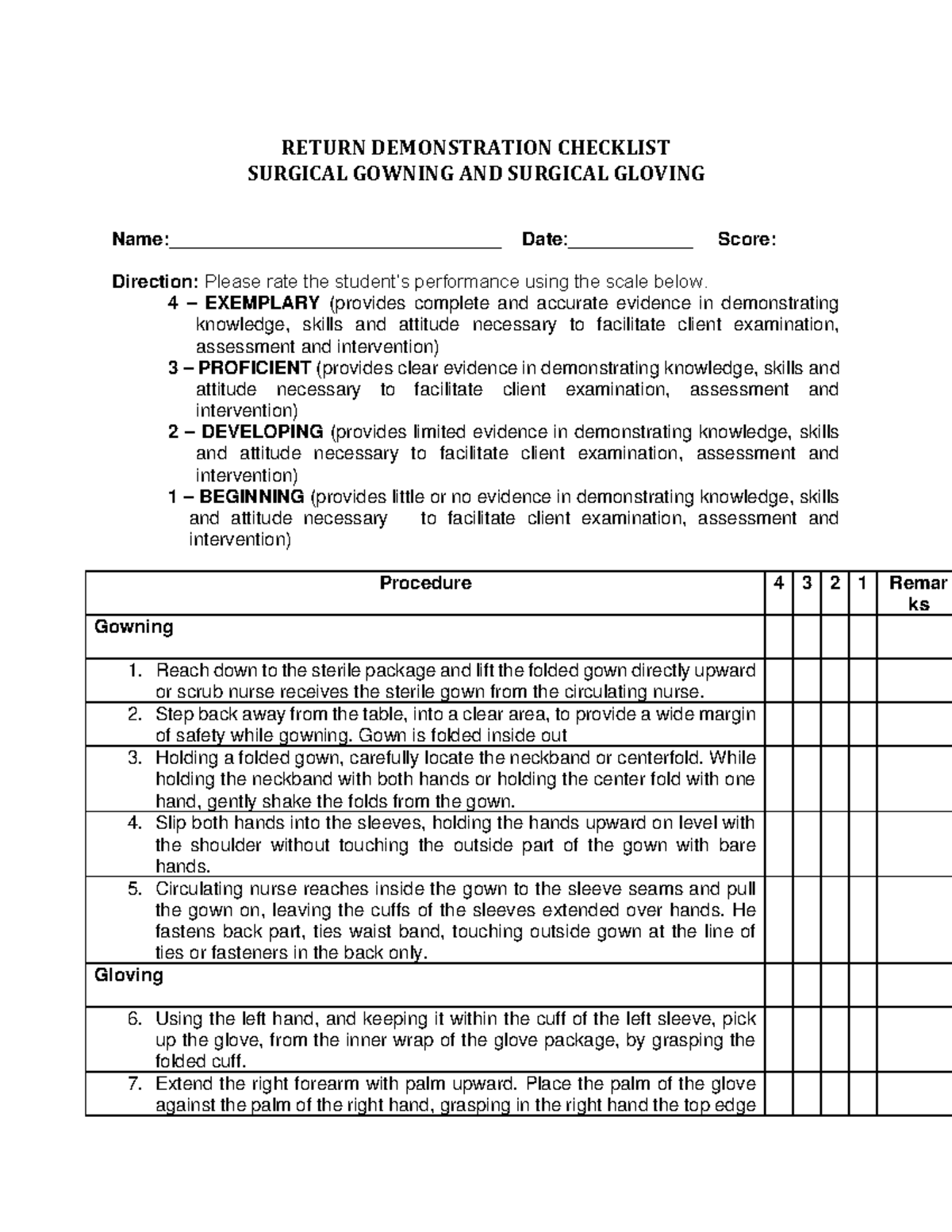 Return Demonstration Checklist for Surgical Gowning & Gloving - Studocu