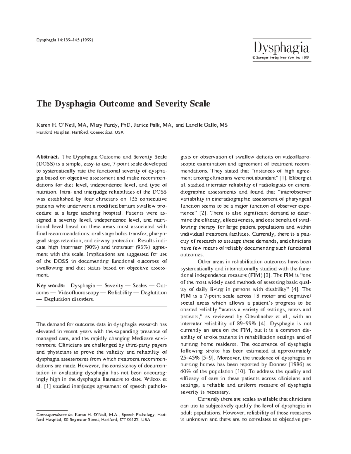 Dysphagia Outcome and Severity Scale (DOSS) Analysis and Development ...