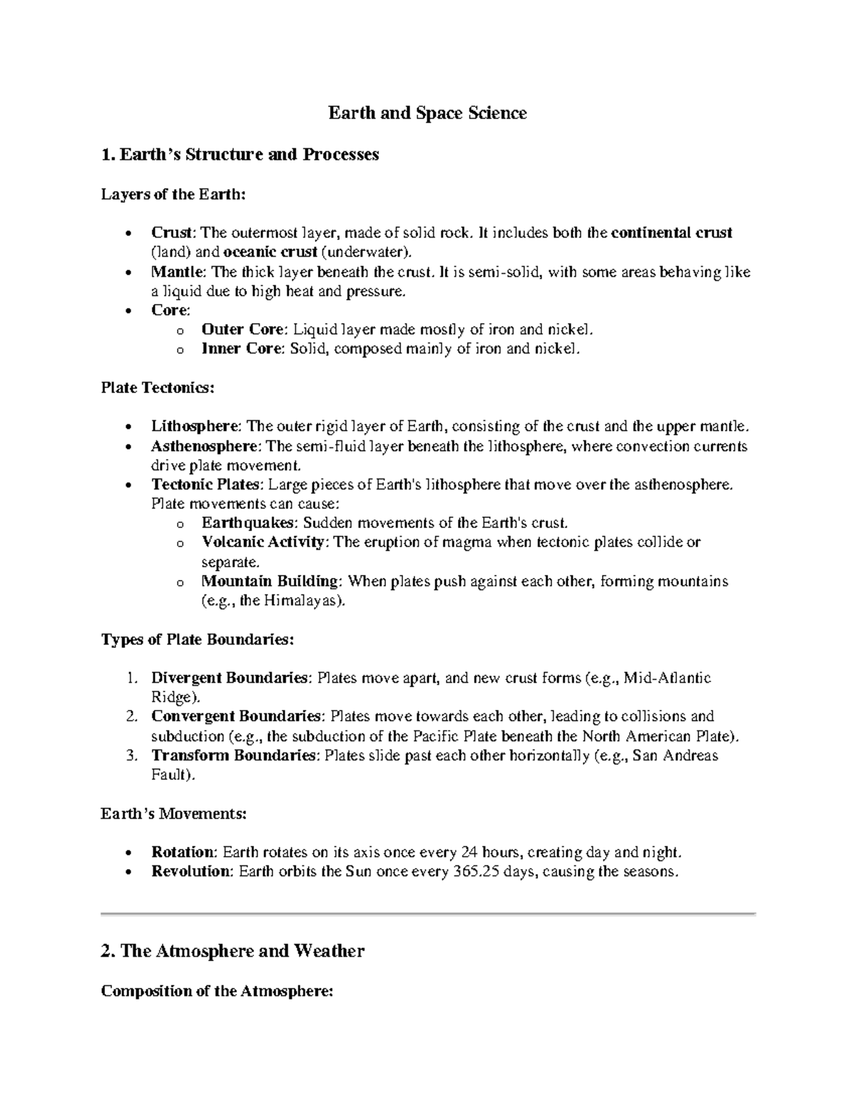 Earth & Space Science Notes: Structure, Atmosphere, & Solar System ...