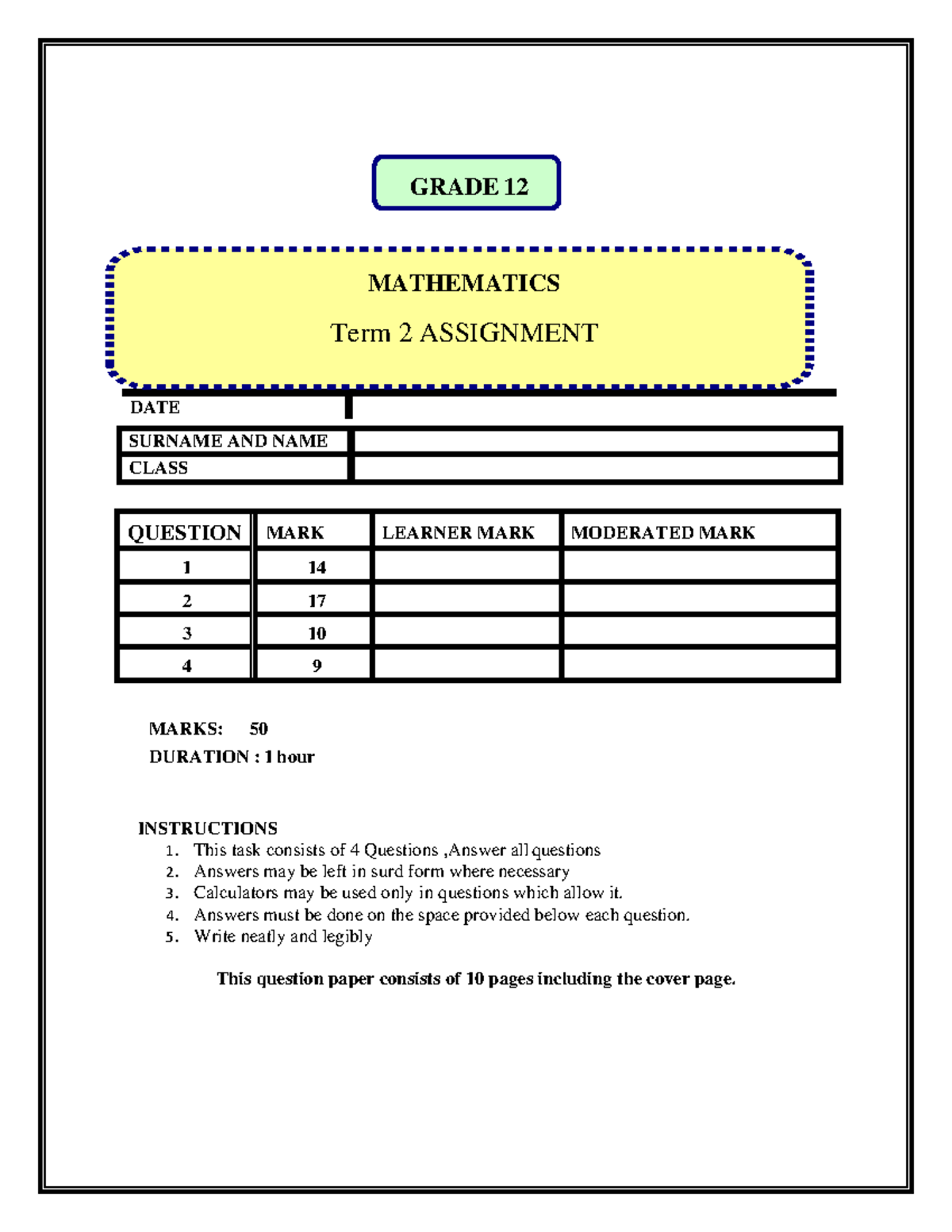Grade 12 Mathematics Term 2 Assignment 2025: Questions & Instructions ...