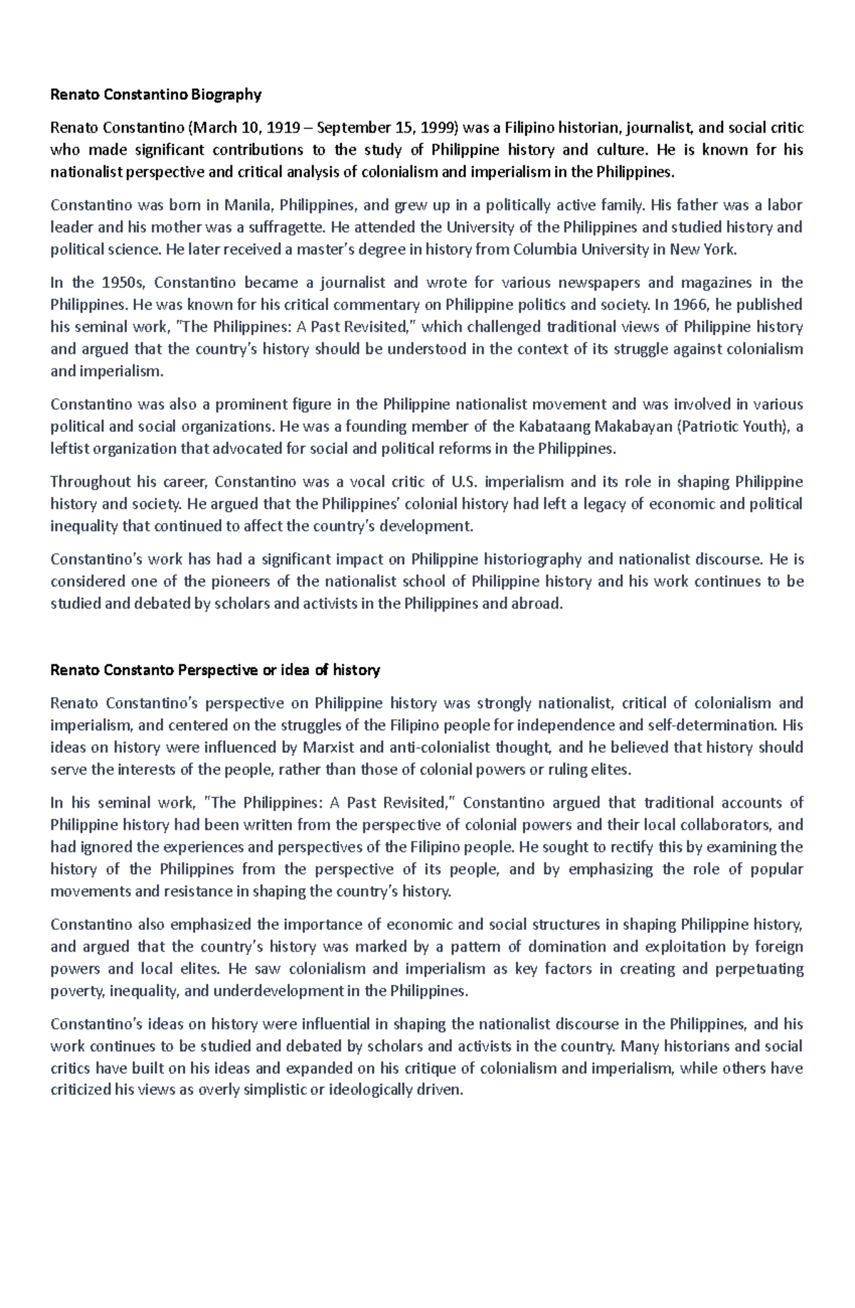 Renato Constantino: An Analysis of His Nationalist Historiography - Studocu