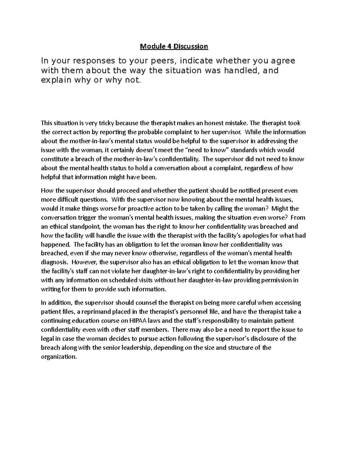 IHP 420 Module 4 Discussion: Ethical Dilemmas in Confidentiality Breach ...