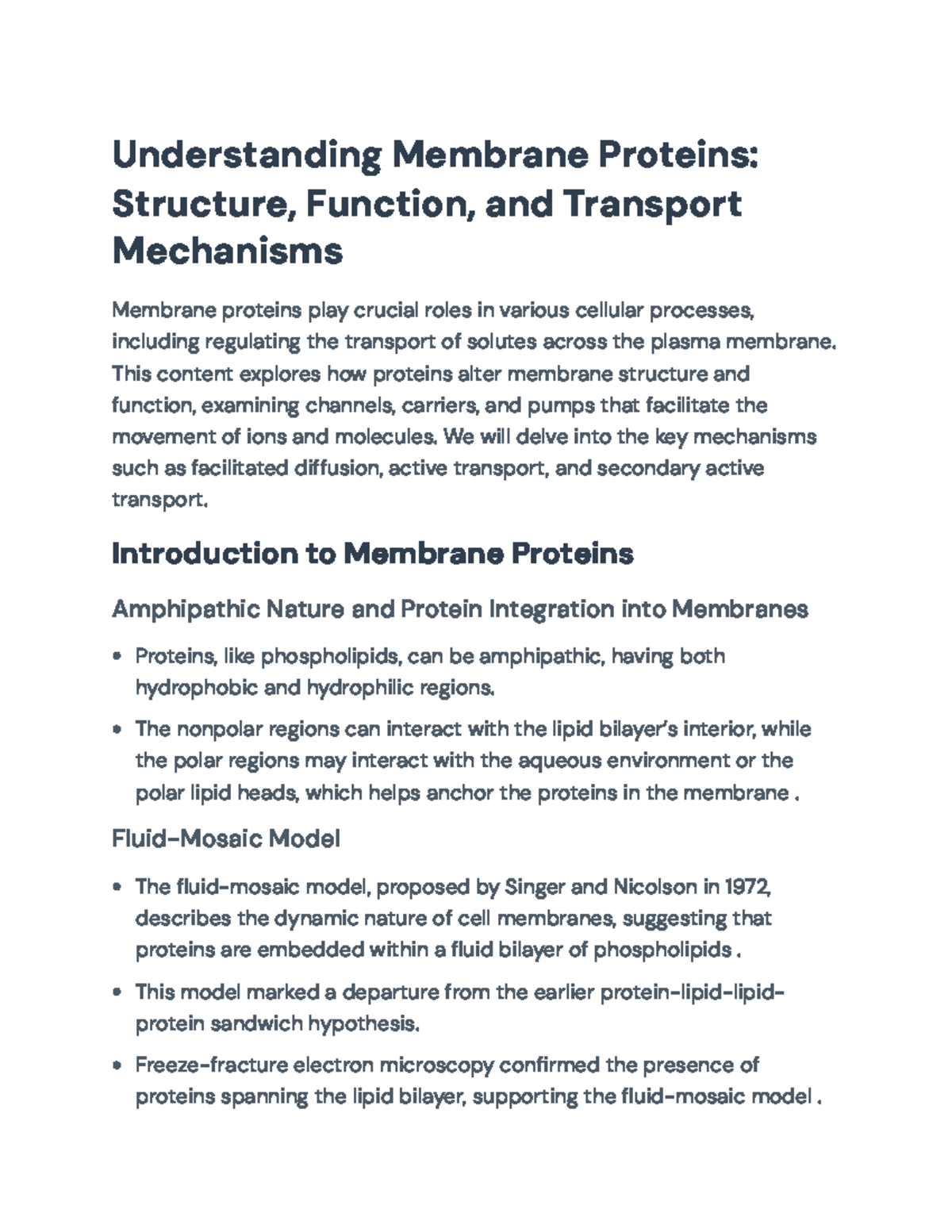 Membrane Proteins: Structure, Function & Transport Mechanisms (BIO 101) - Studocu