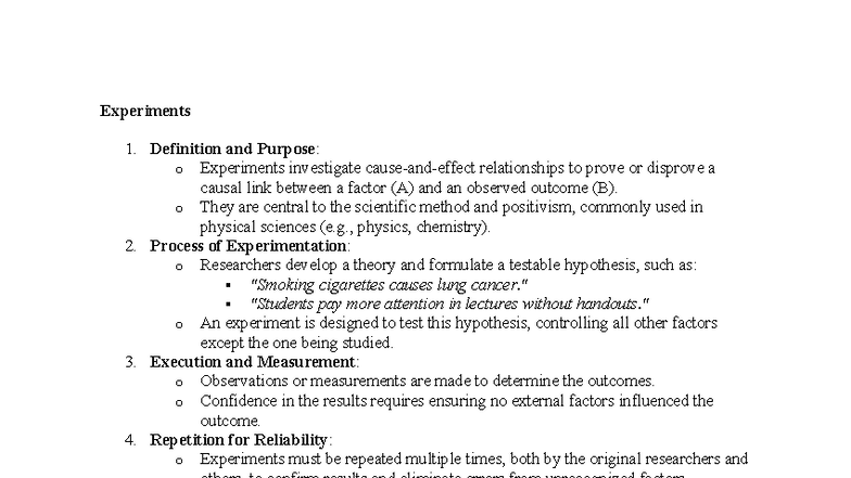 Summarize - note - Experiments 1. Definition and Purpose: o Experiments ...