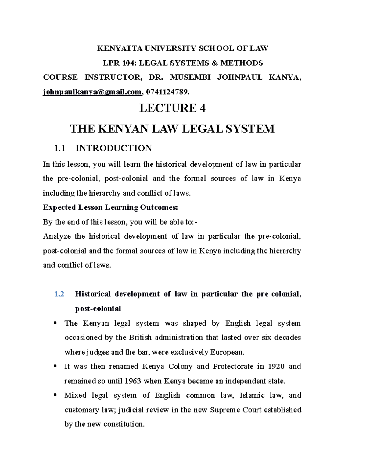 LPR 104: Lecture 4 - The Kenyan Legal System Development Analysis - Studocu