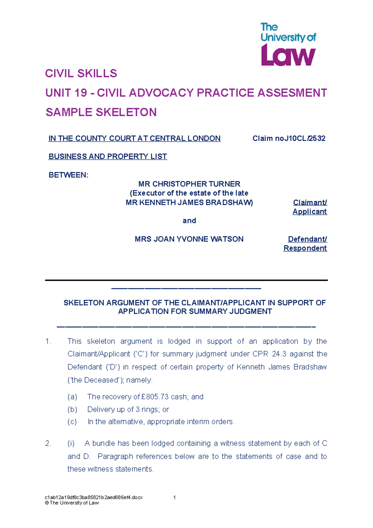 CIVIL SKILLS UNIT 19: SAMPLE SKELETON FOR SUMMARY JUDGMENT IN COUNTY ...