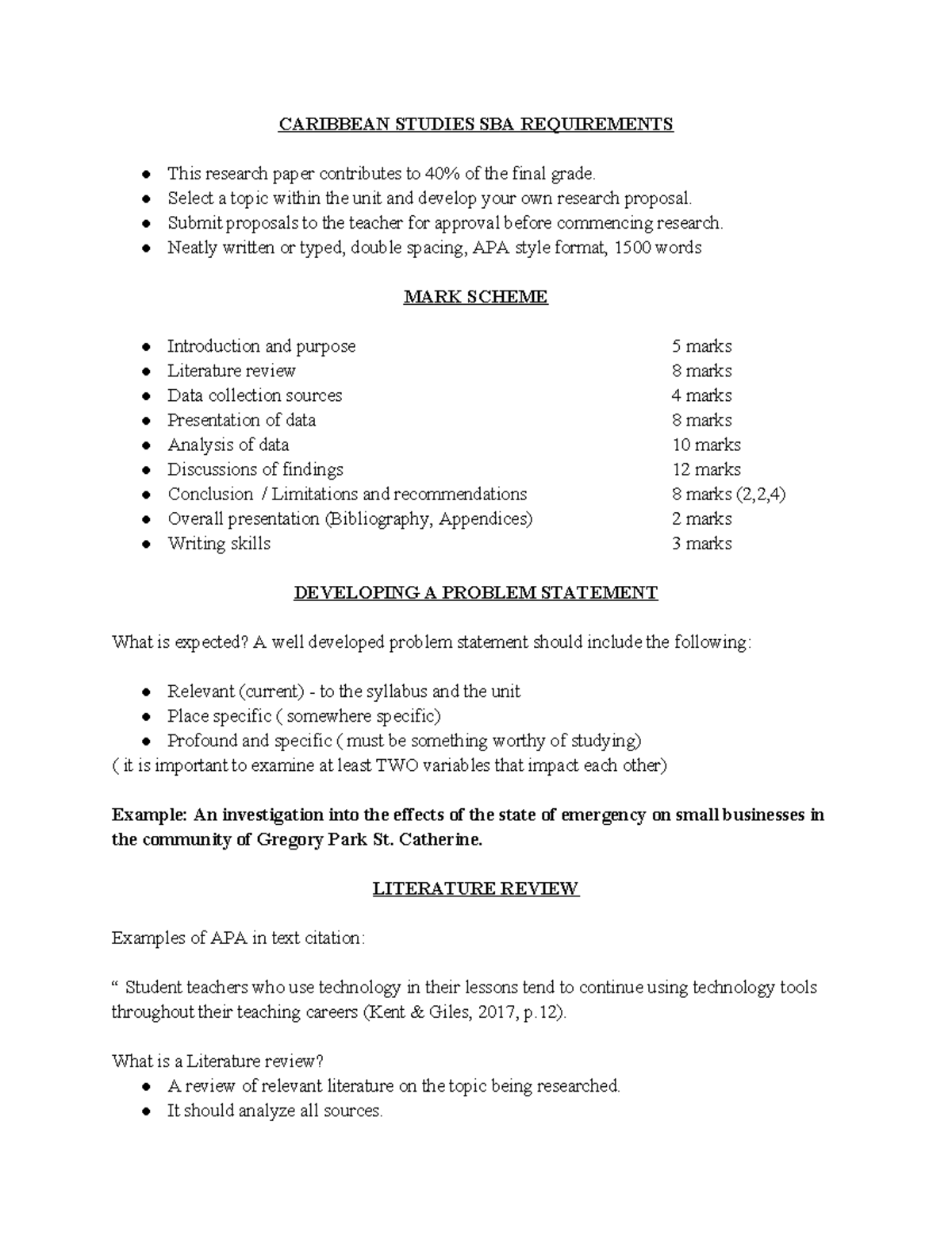 Caribbean Studies SBA Requirements and Guidelines for Research Projects ...