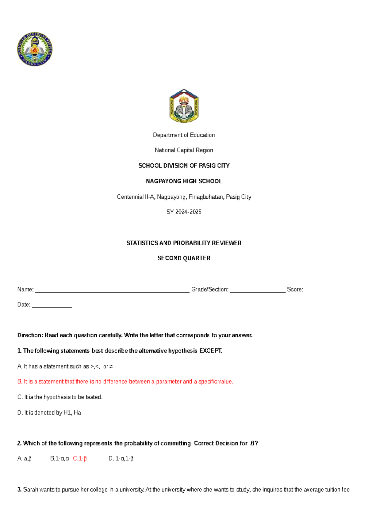 SY Statistics and Probability Reviewer - 2nd Quarter Exam Notes - Studocu