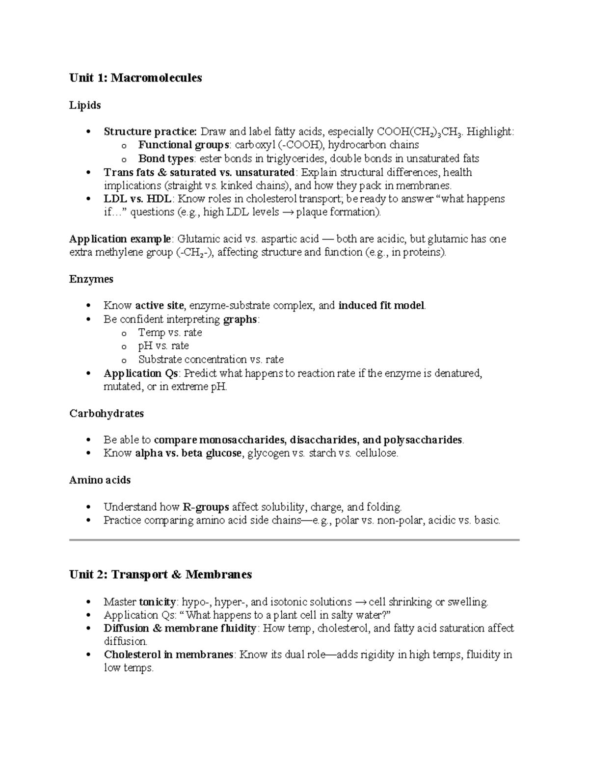 Final Exam Prep: Unit 1 & 2 Macromolecules & Membrane Transport - Studocu