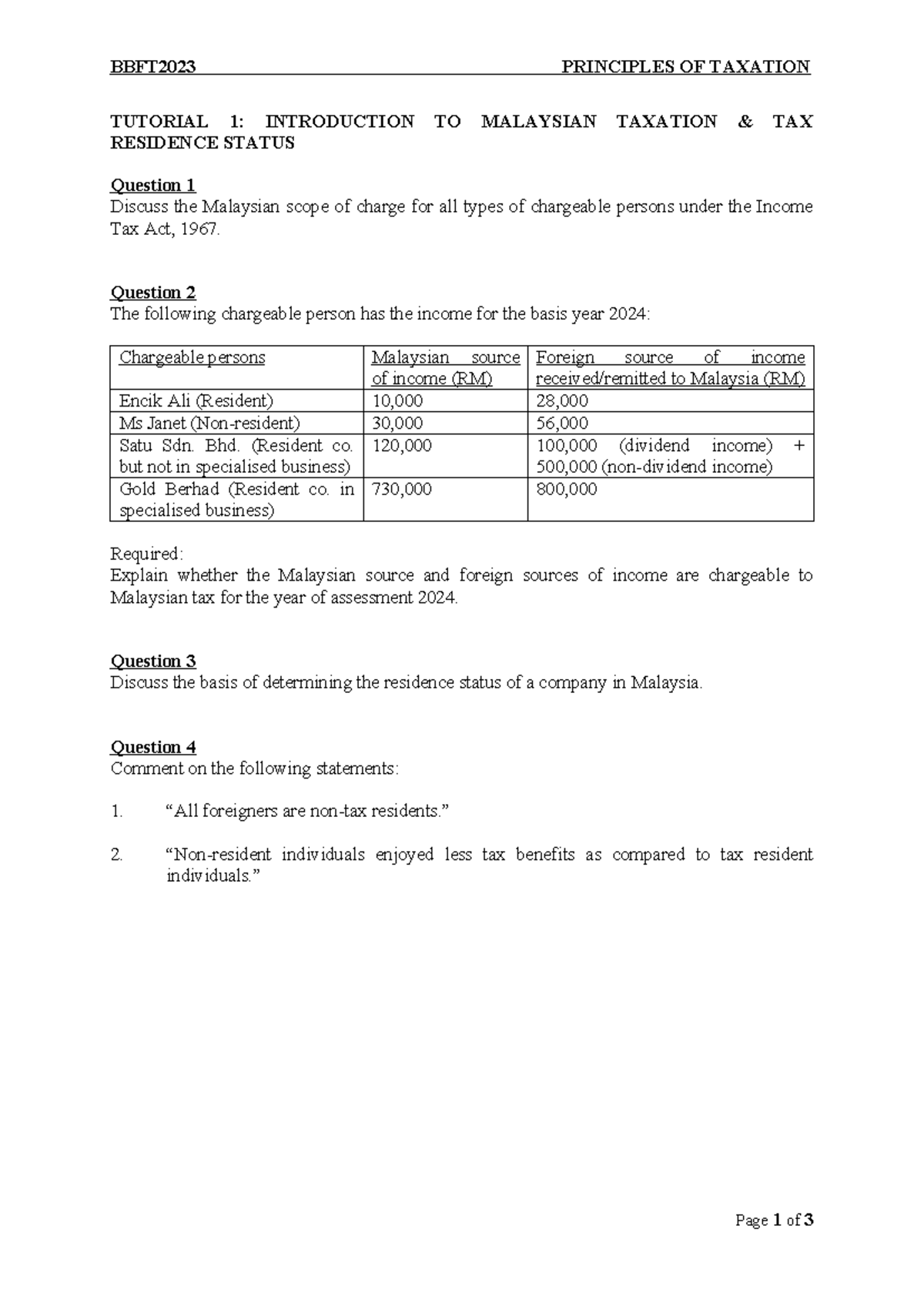 BBFT2023 T1 Principles of Taxation - Tutorial 2 Questions & Answers ...