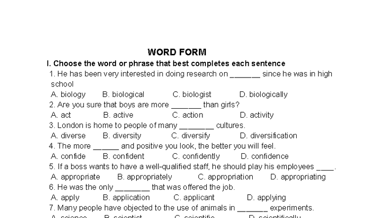 WORD FORM I: Vocabulary Completion Exercises and Error Identification ...