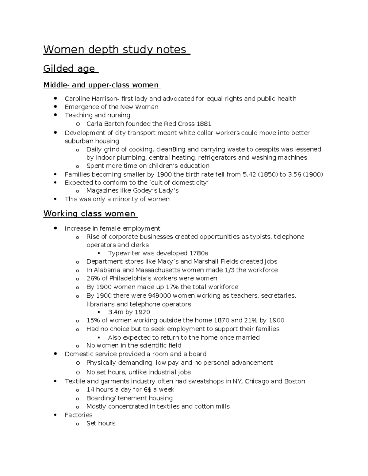 Women Depth Study Notes: Gilded Age, New Woman, and Equal Rights - Studocu
