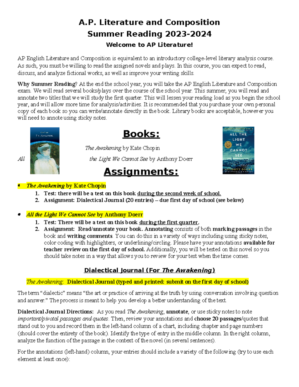 AP Lit - Summer Reading Assignments & Books 2023-24 - Studocu
