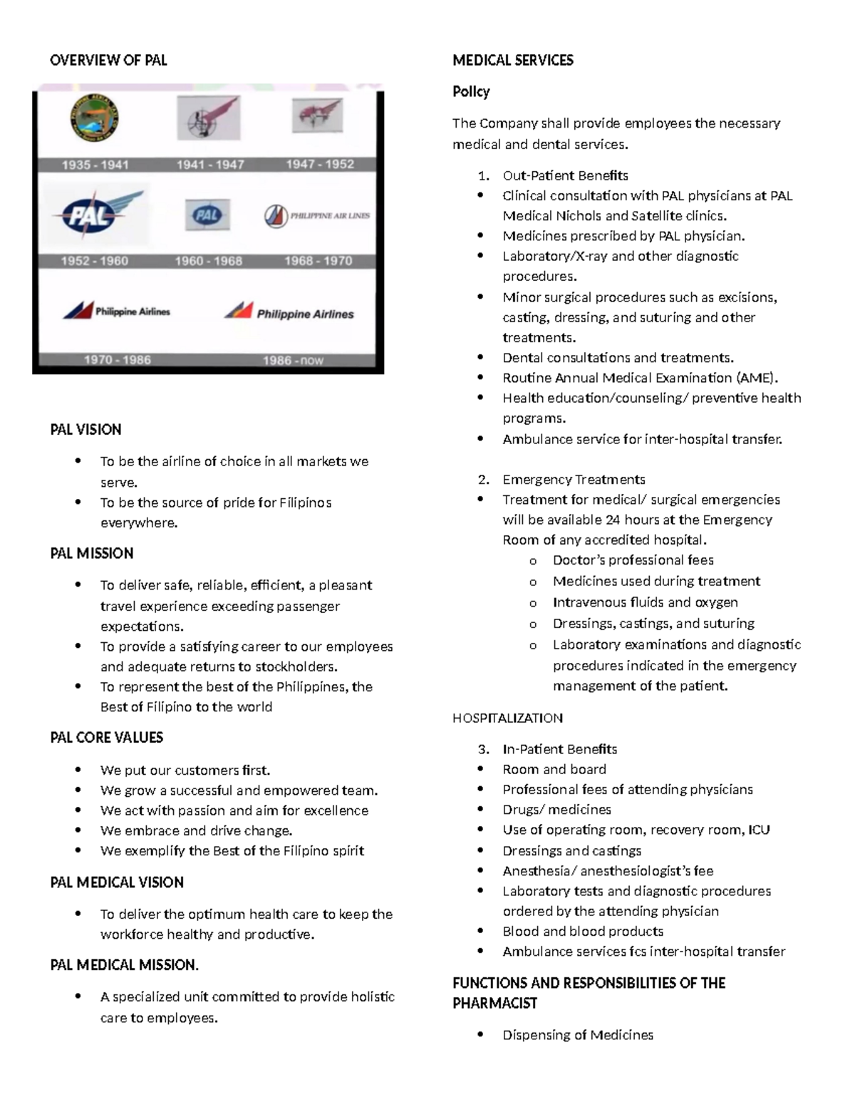 PAL Medical Services Overview and Functions - Studocu