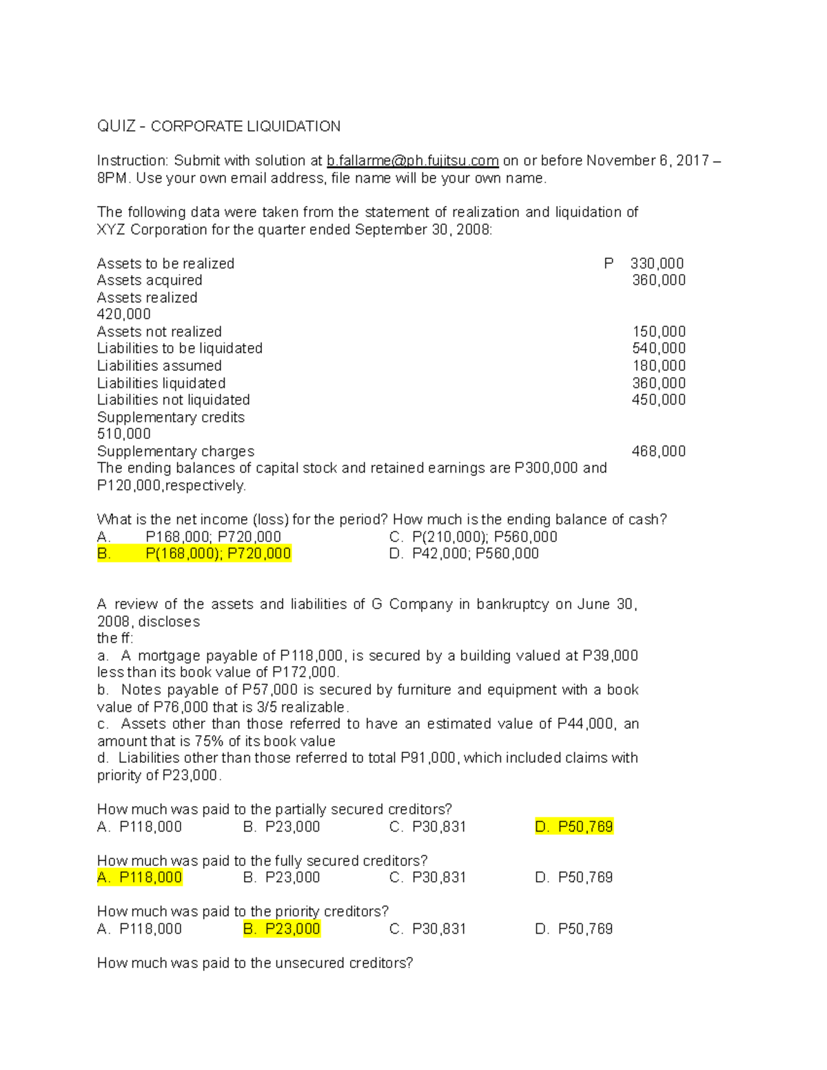 Corporate Liquidation Quiz (FIN 101) - Key Concepts & Solutions - Studocu