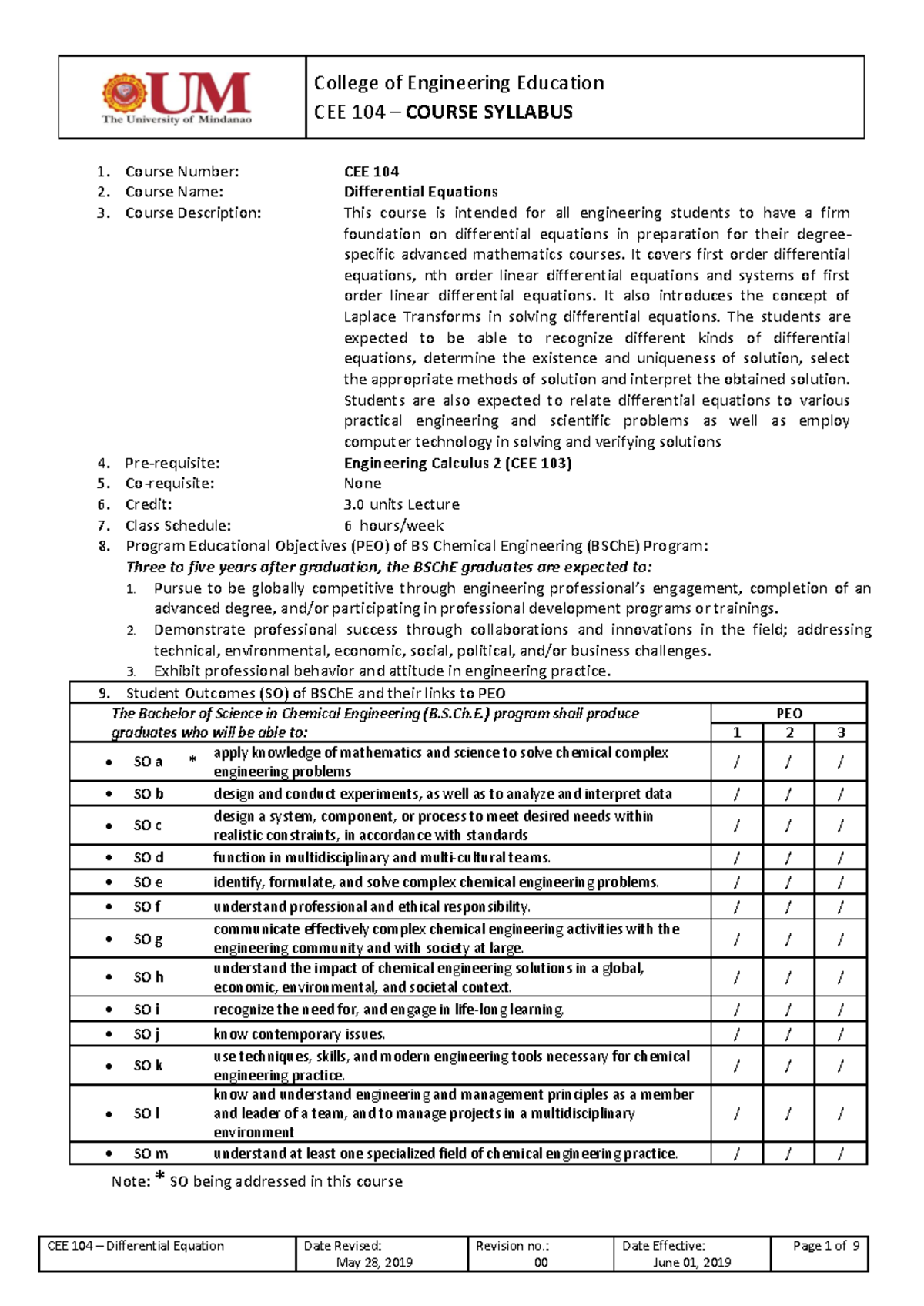 CEE 104 Course Syllabus: Differential Equations Overview and Guidelines ...