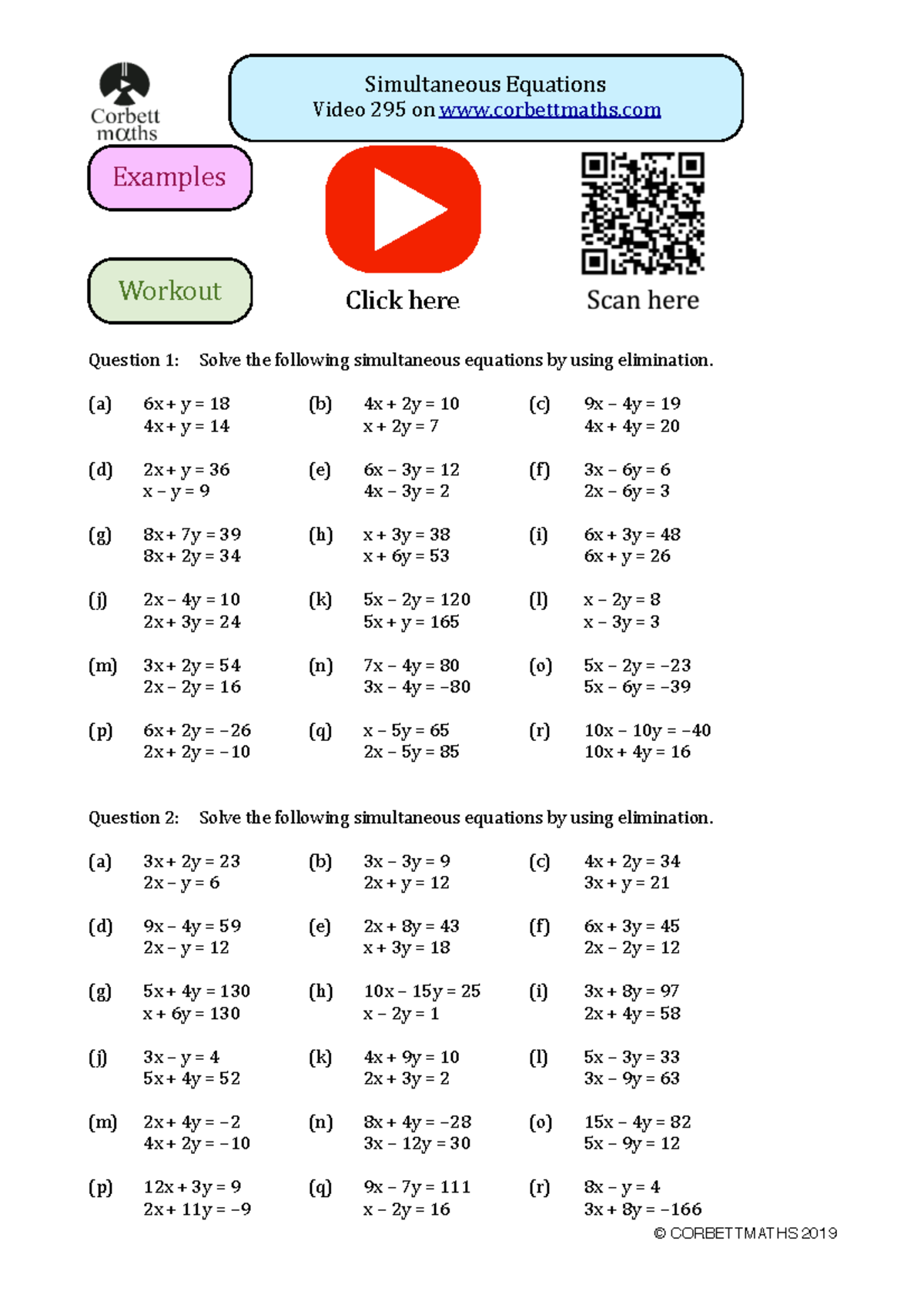 Simultaneous Equations Practice Questions - Video 295 - Studocu