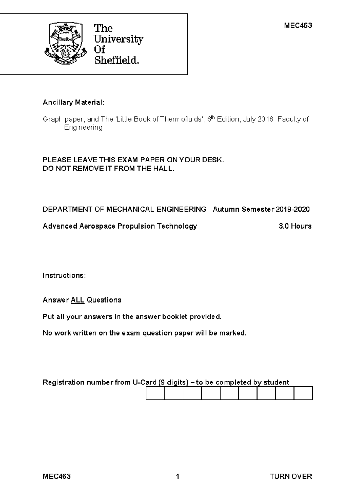 MEC463 Final Exam - Advanced Aerospace Propulsion Technology 2019/20 ...