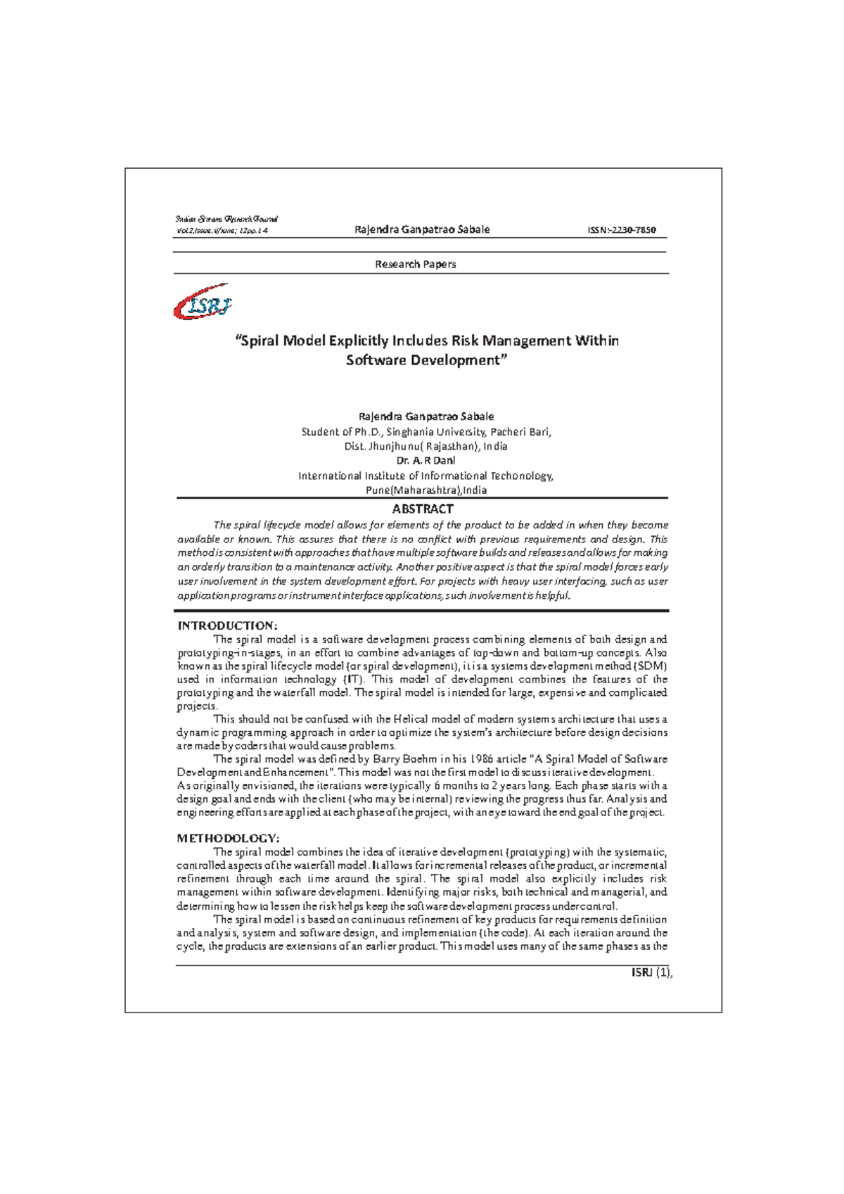 Spiral Model Explicitly Includes Risk Ma - Vol,Issue/June; 12pp- Indian ...