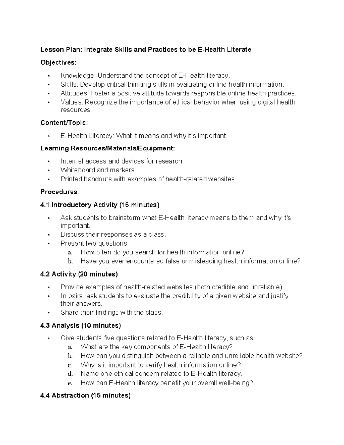 E-Health Literacy Lesson Plan: Skills for Responsible Online Health ...
