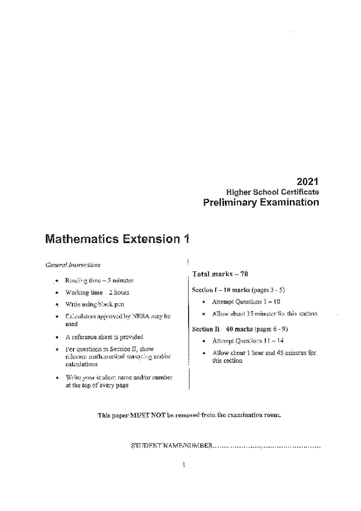 2021 HSC Year 11 Mathematics Ext 1 Yearly Exam Instructions & Questions ...