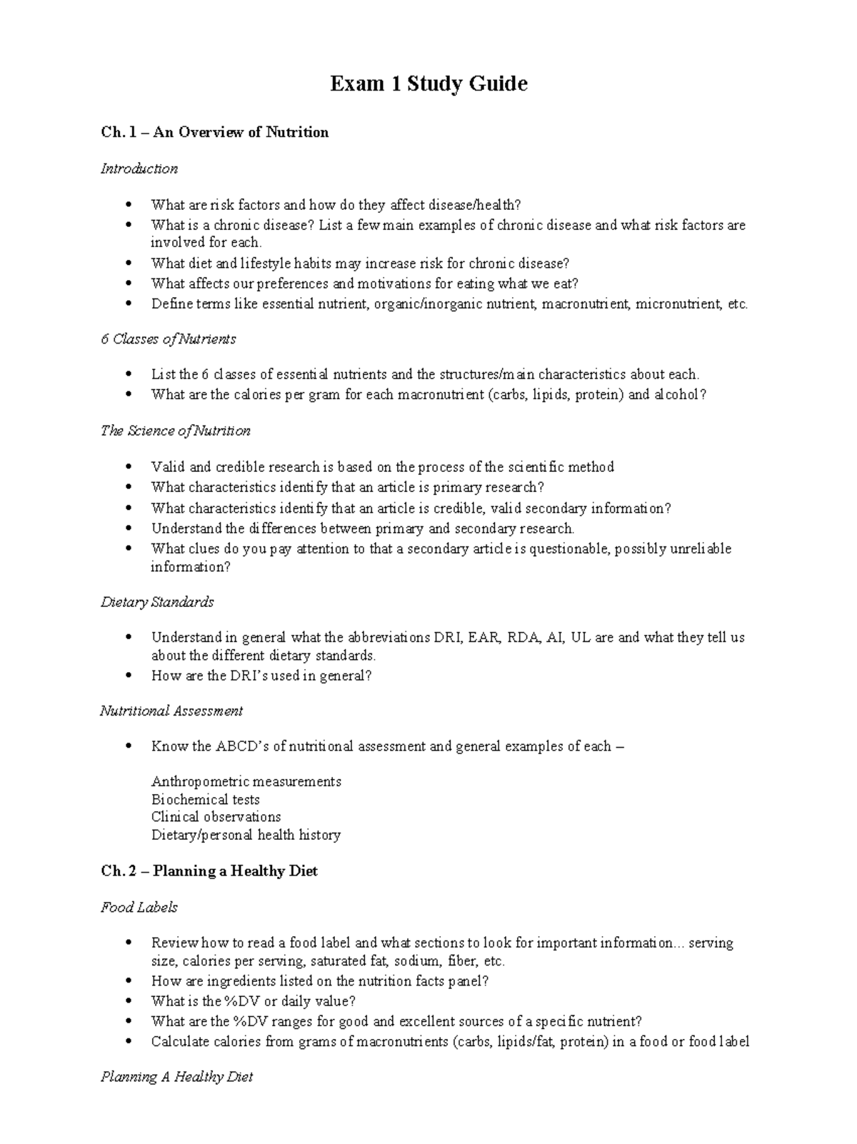 Exam 1 Study Guide - Nutrition Fundamentals (Ch. 1 & 2) - Studocu