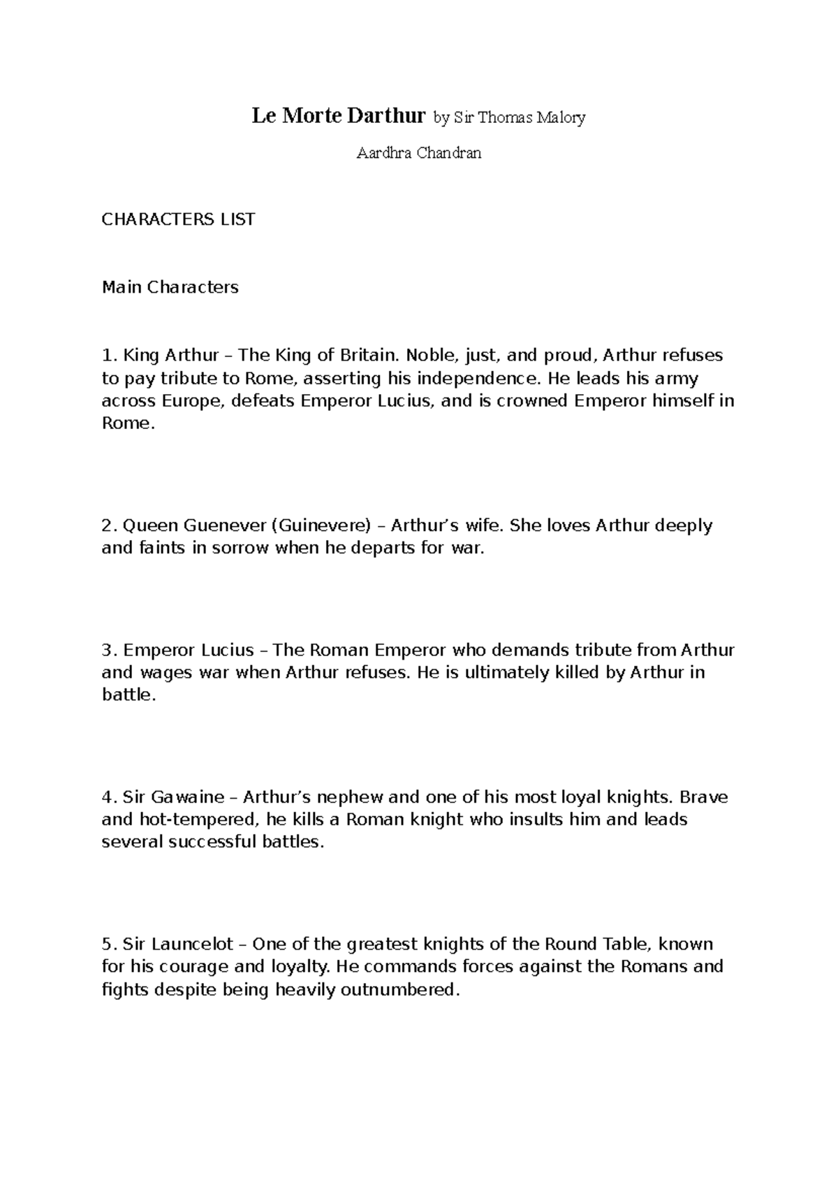 Le Morte d'Arthur (ENG 101) Character Analysis and Themes - Studocu