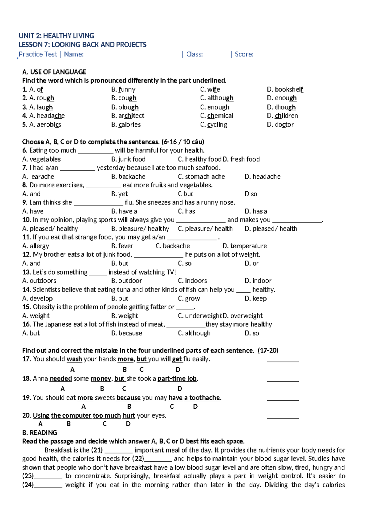 UNIT 2: HEALTHY LIVING LESSON 7 PRACTICE TEST - Studocu