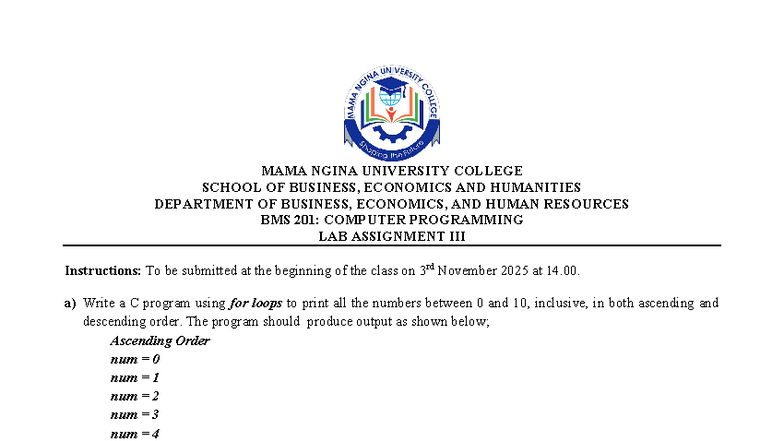BMS 201: Computer Programming Lab Assignment 3 Instructions - Studocu