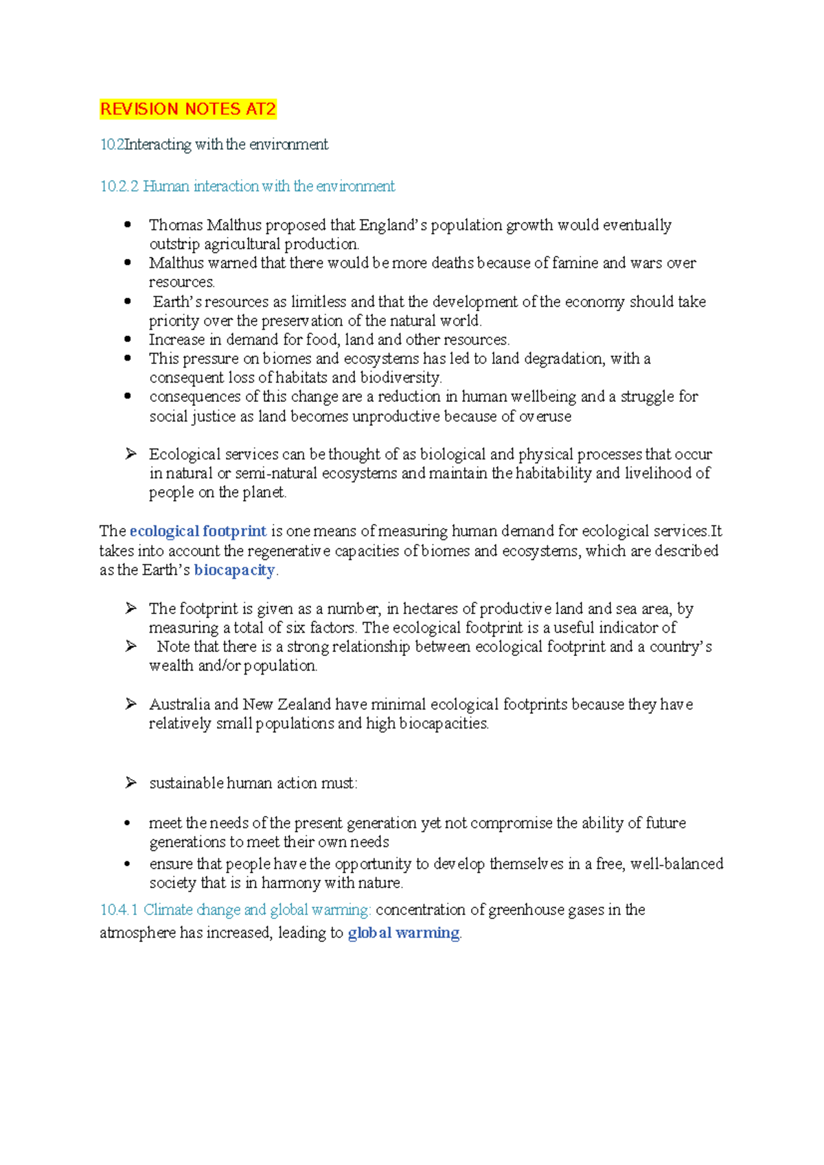 Summary Notes GEO - Interacting with the Environment and Climate Change ...