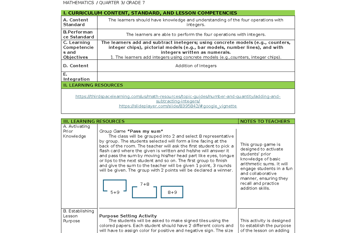 Lesson plan math - MATHEMATICS / QUARTER 3/ GRADE 7 I. CURRICULUM ...