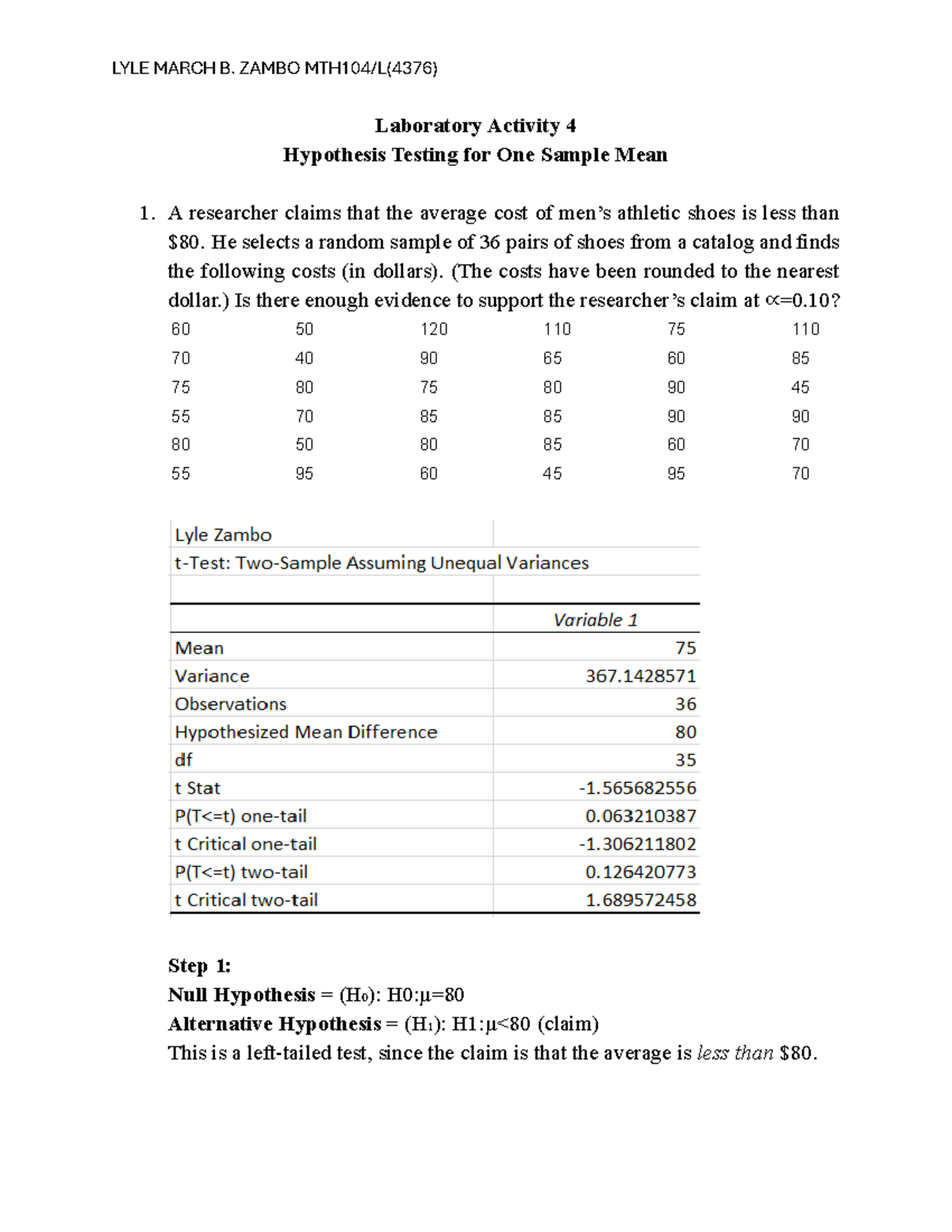MTH 103 Lab Activity 5: Hypothesis Testing for One Sample Mean - Studocu