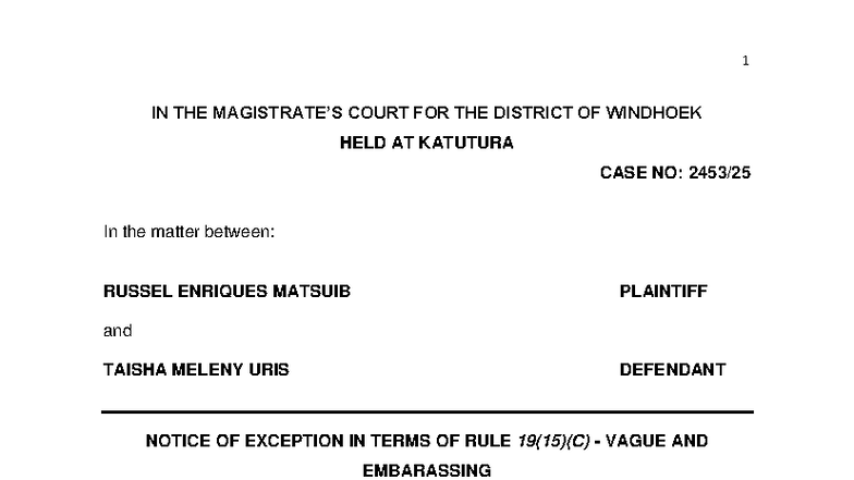 Notice of Exception Under Rule 19(15)(C) - Vague & Embarrassing - Studocu
