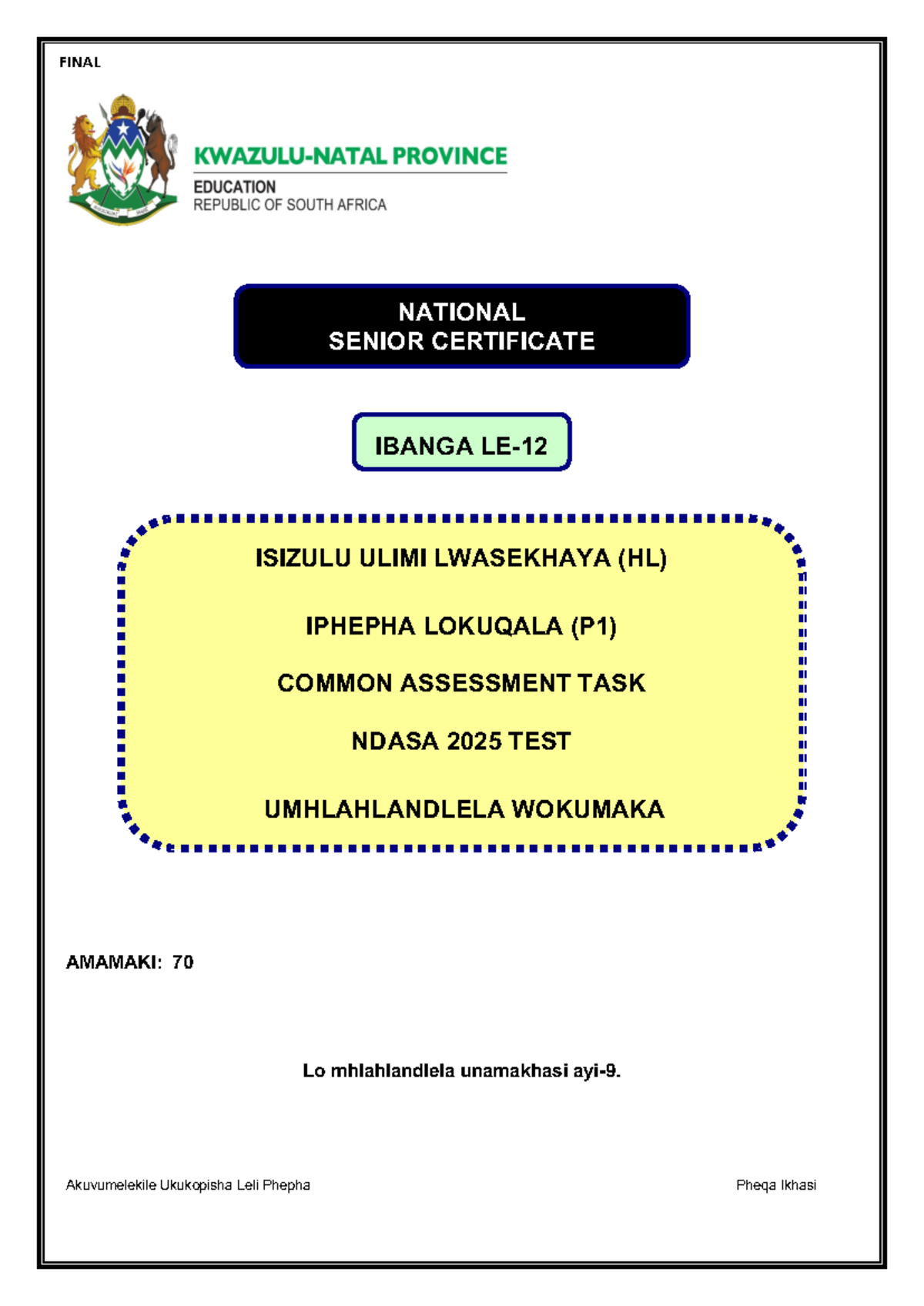 Isizulu Paper 1pdf National Senior Certificate Ibanga Grade 7 Economic