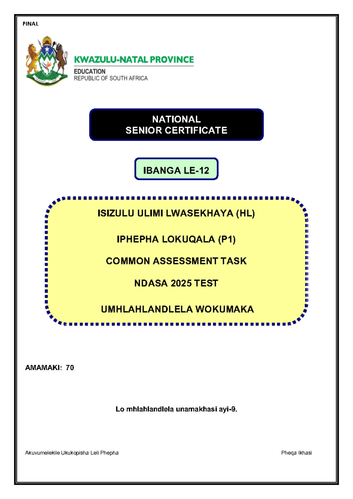 IsiZulu HL P2 Final Exam Guidelines and Question Paper 2024 - Studocu