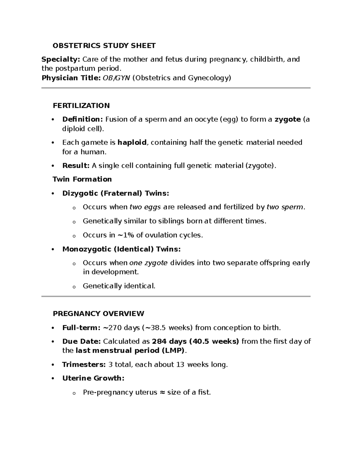 OBGYN 101: Obstetrics Study Sheet on Prenatal Care & Childbirth - Studocu