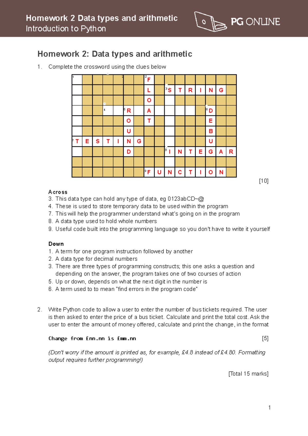 Python CS Homework 2: Data Types, Arithmetic, and Crosswords - Studocu