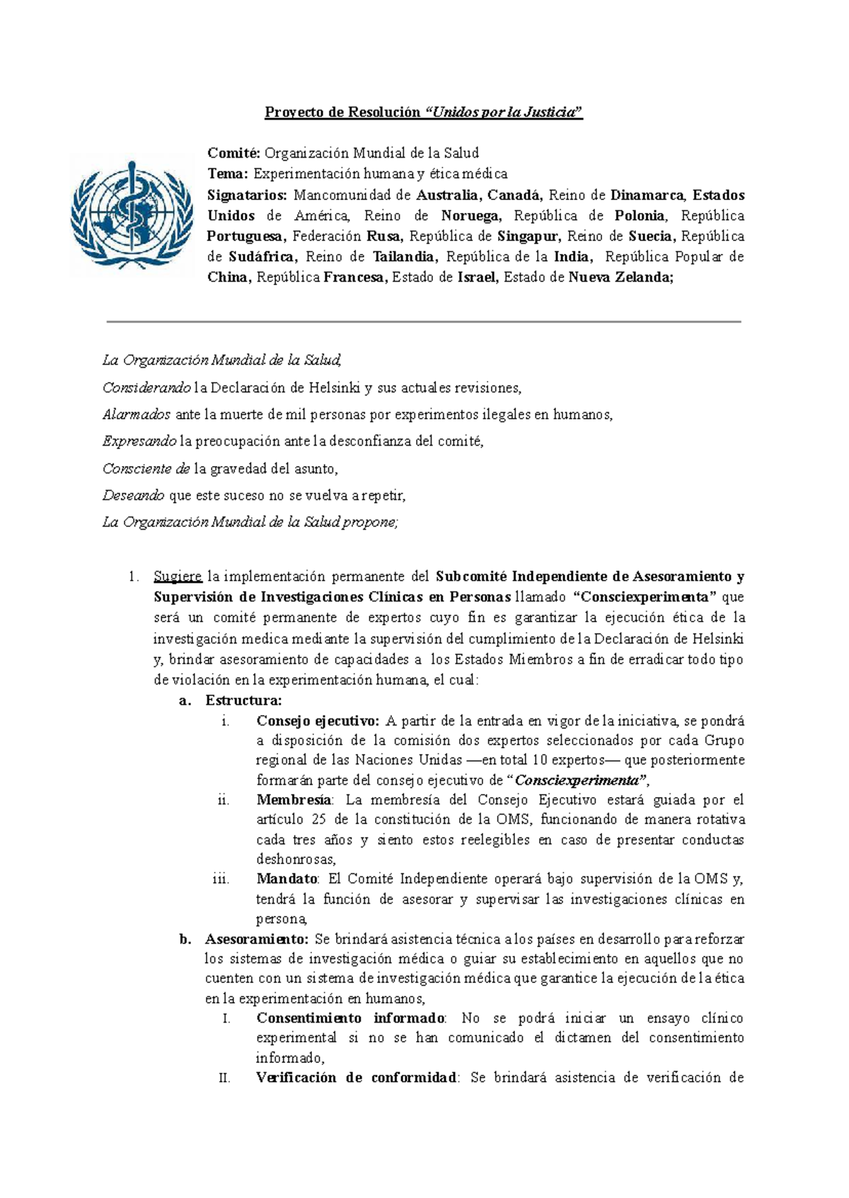 Proyecto de Resolución OMS: Ética en Experimentación Humana - Studocu