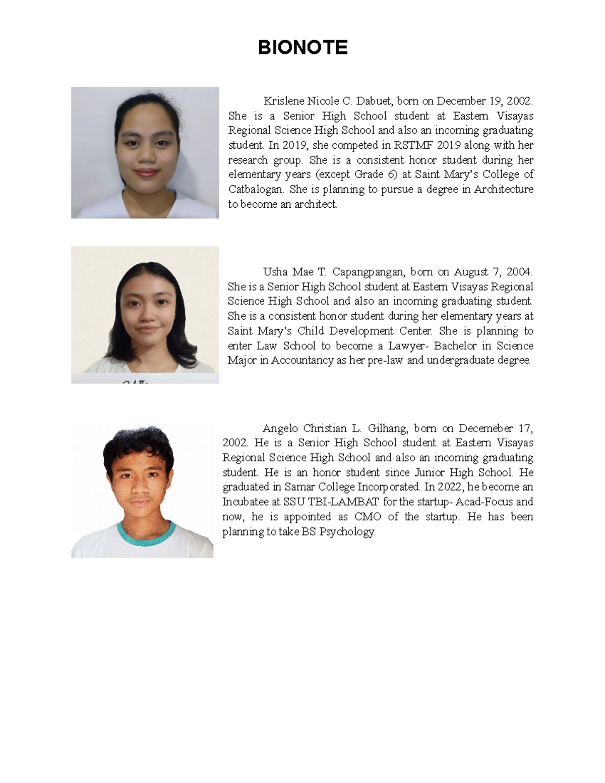 Bionote - Profiles of Senior High Graduates at EVRSHS - Studocu