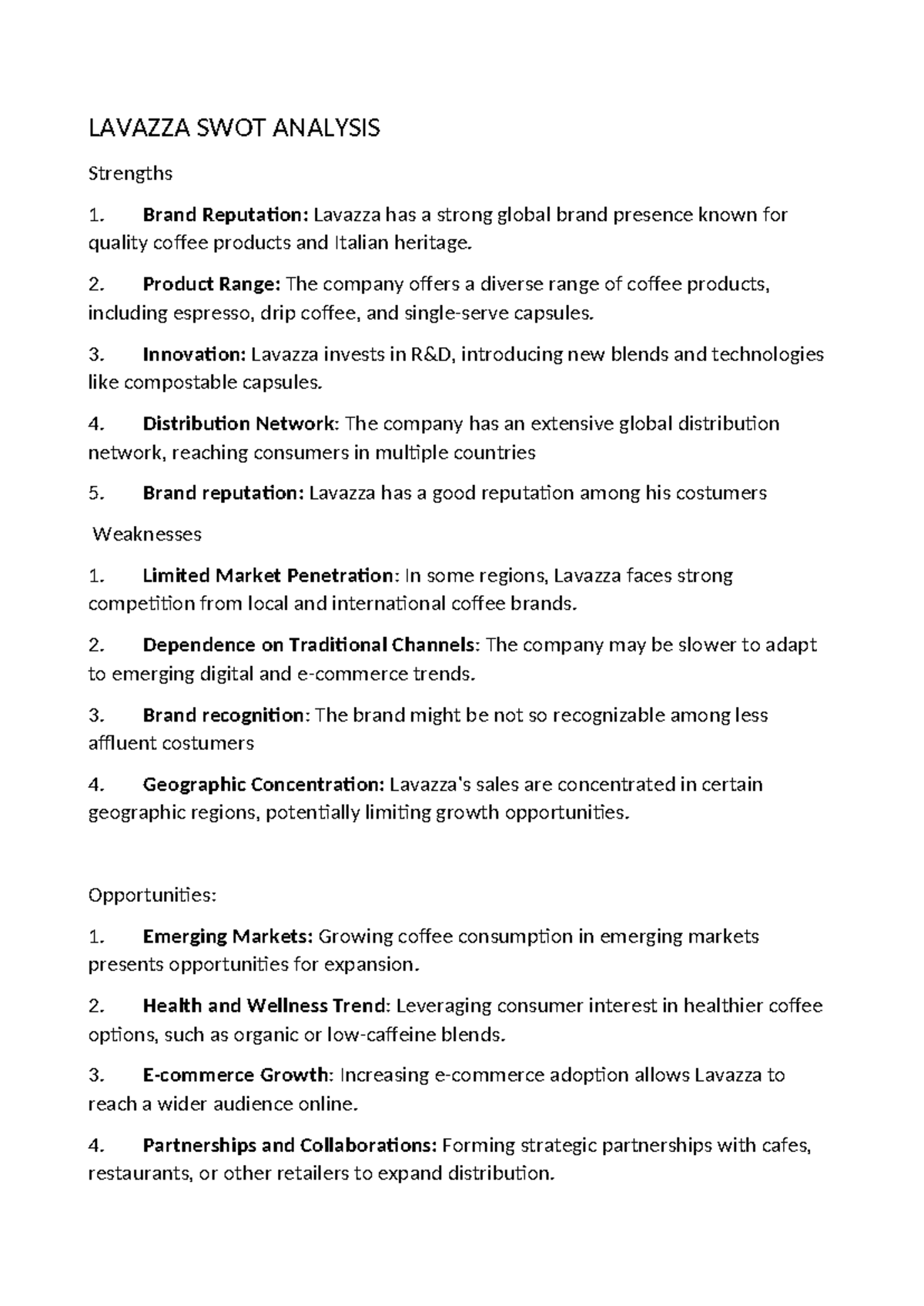 LAVAZZA SWOT Analysis: Strengths, Weaknesses, Opportunities - Studocu