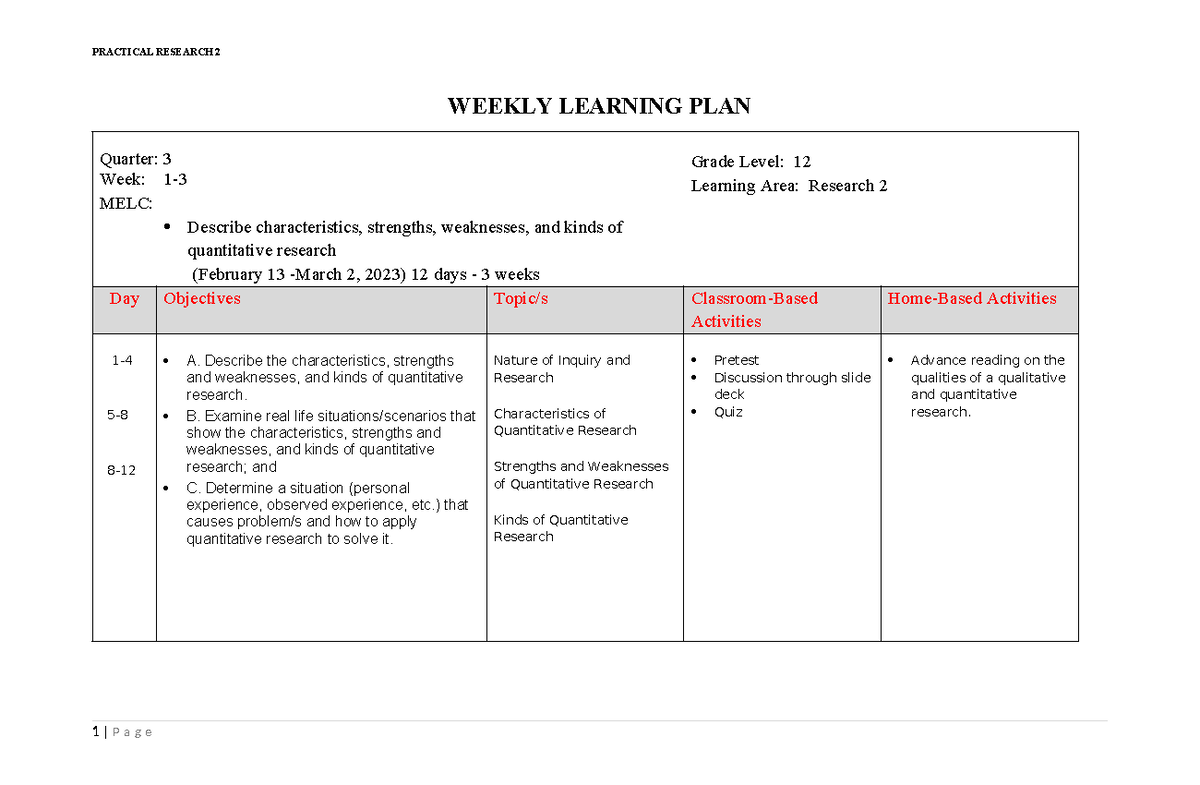 Weekly Learning Plan- Research-2 - WEEKLY LEARNING PLAN Quarter: 3 Week ...