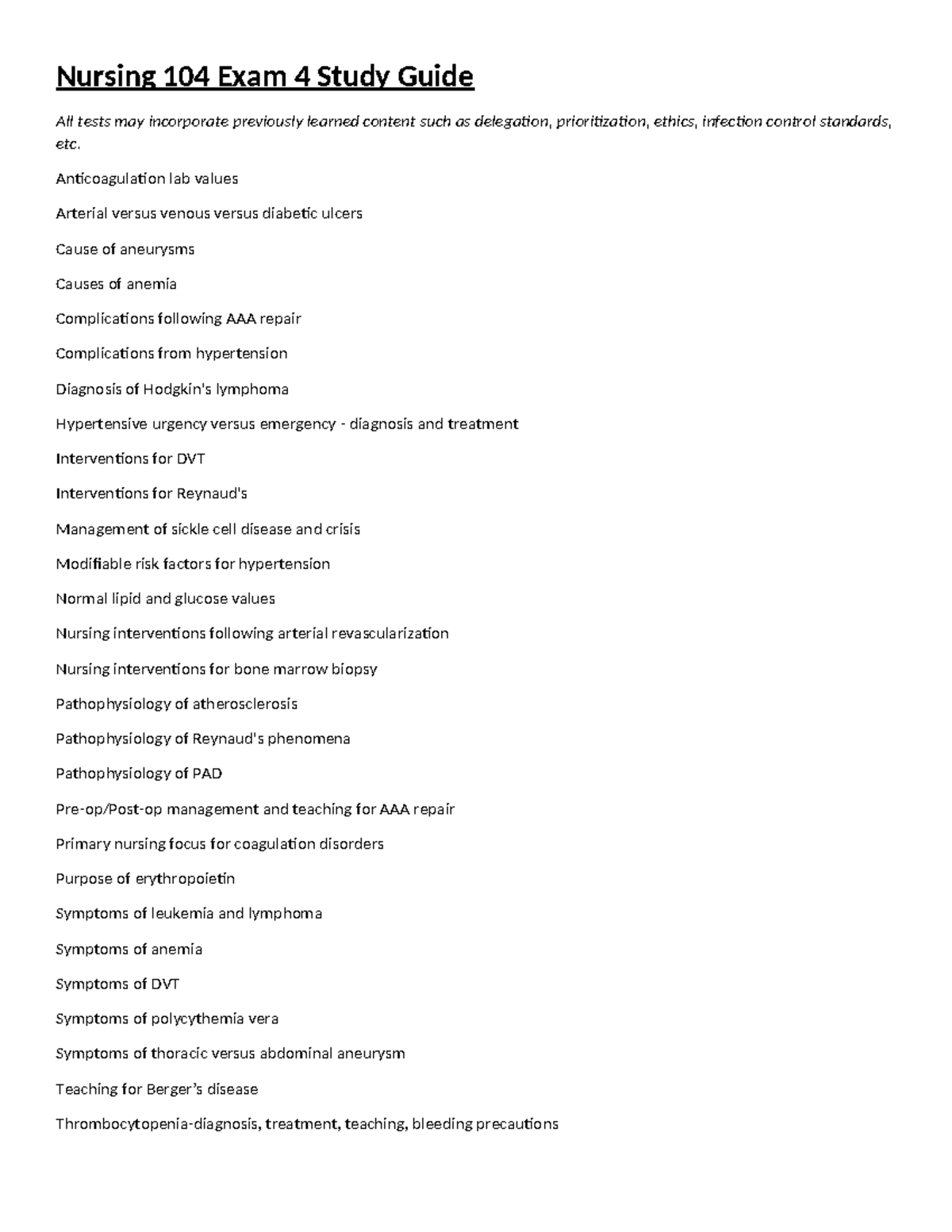 Nursing 104 Final Exam 4 Study Guide: Key Concepts & Interventions ...