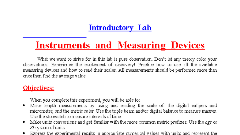 Introductory Lab: Instruments & Measurements (PHYS 101) - Studocu