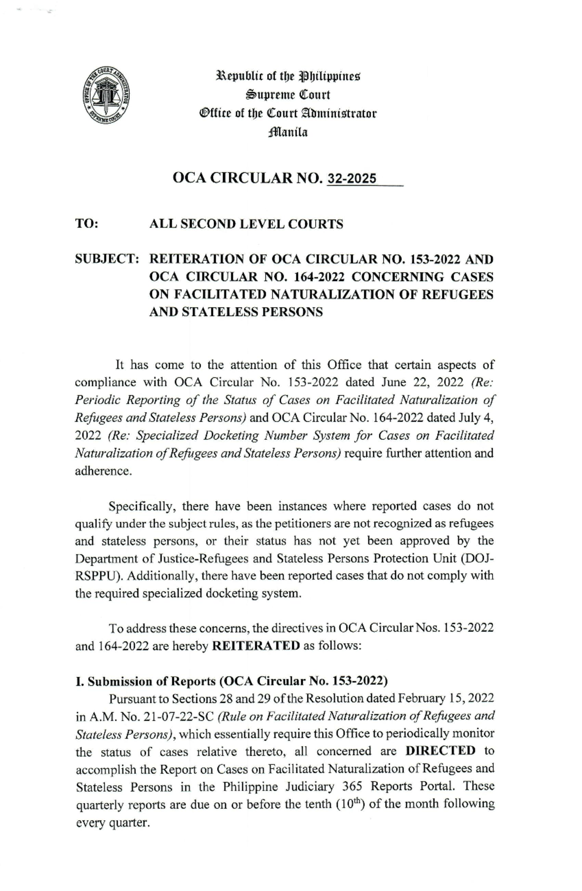 OCA Circular No. 32-2025: Reiteration on Refugee Naturalization Cases - Studocu
