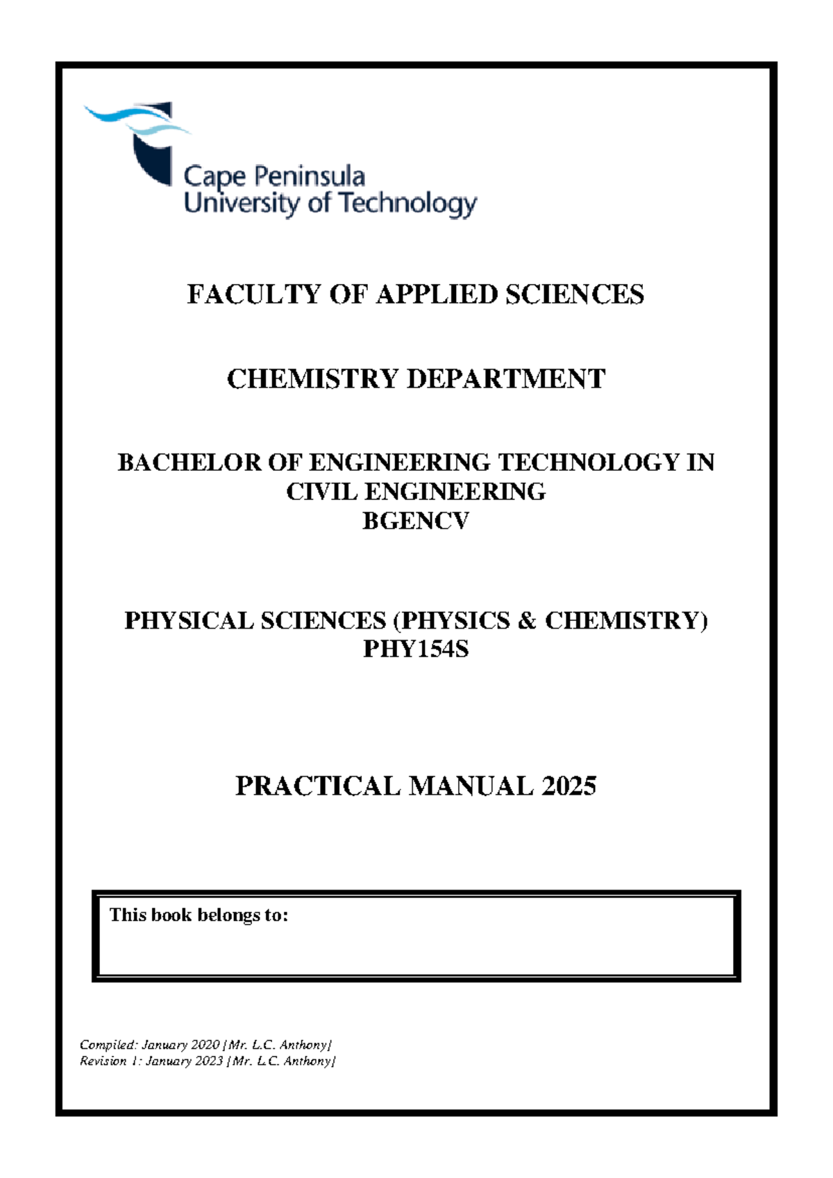 PHY154S Practical Manual 2025 - FACULTY OF APPLIED SCIENCES CHEMISTRY ...