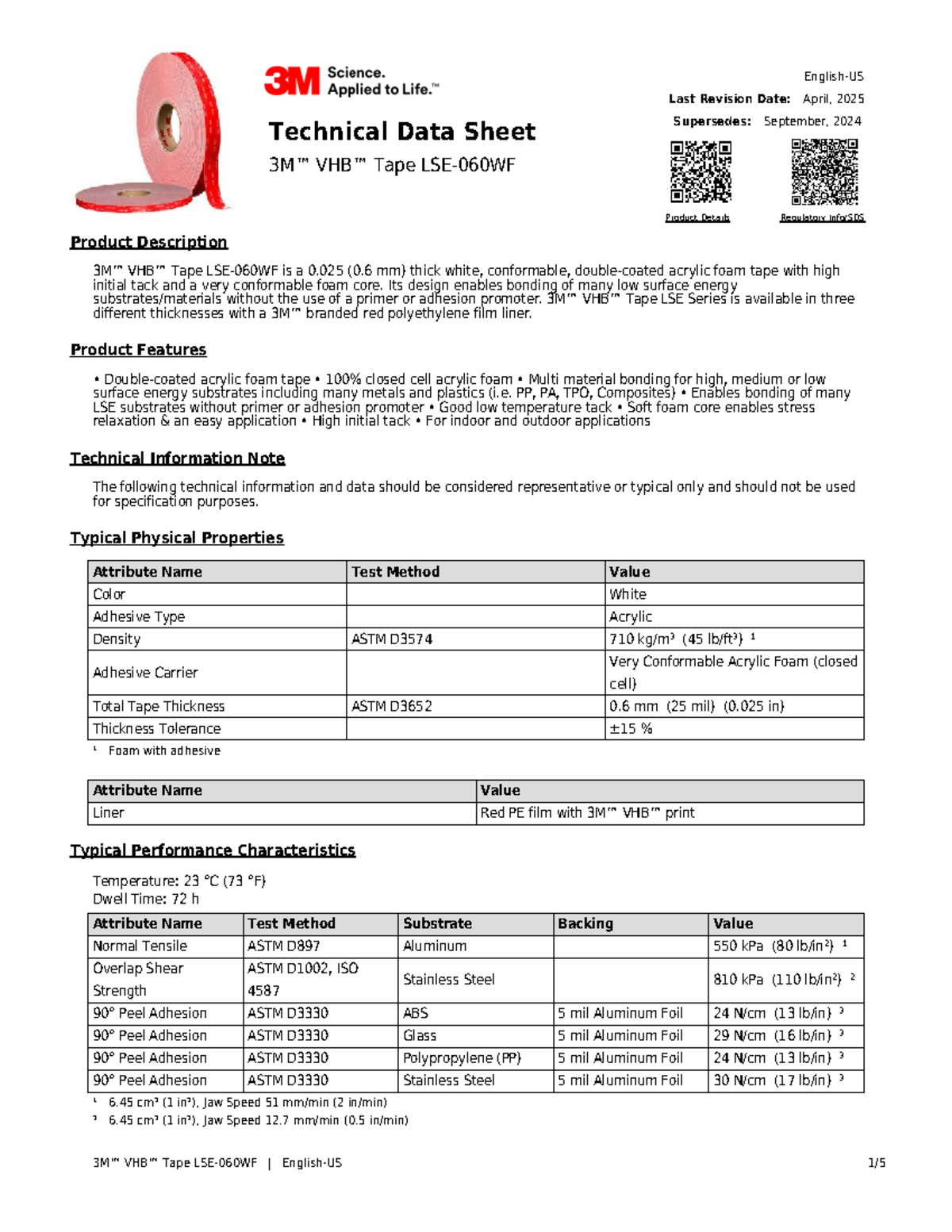 3M VHB Tape LSE 060WF Technical Data Sheet and Product Overview - Studocu