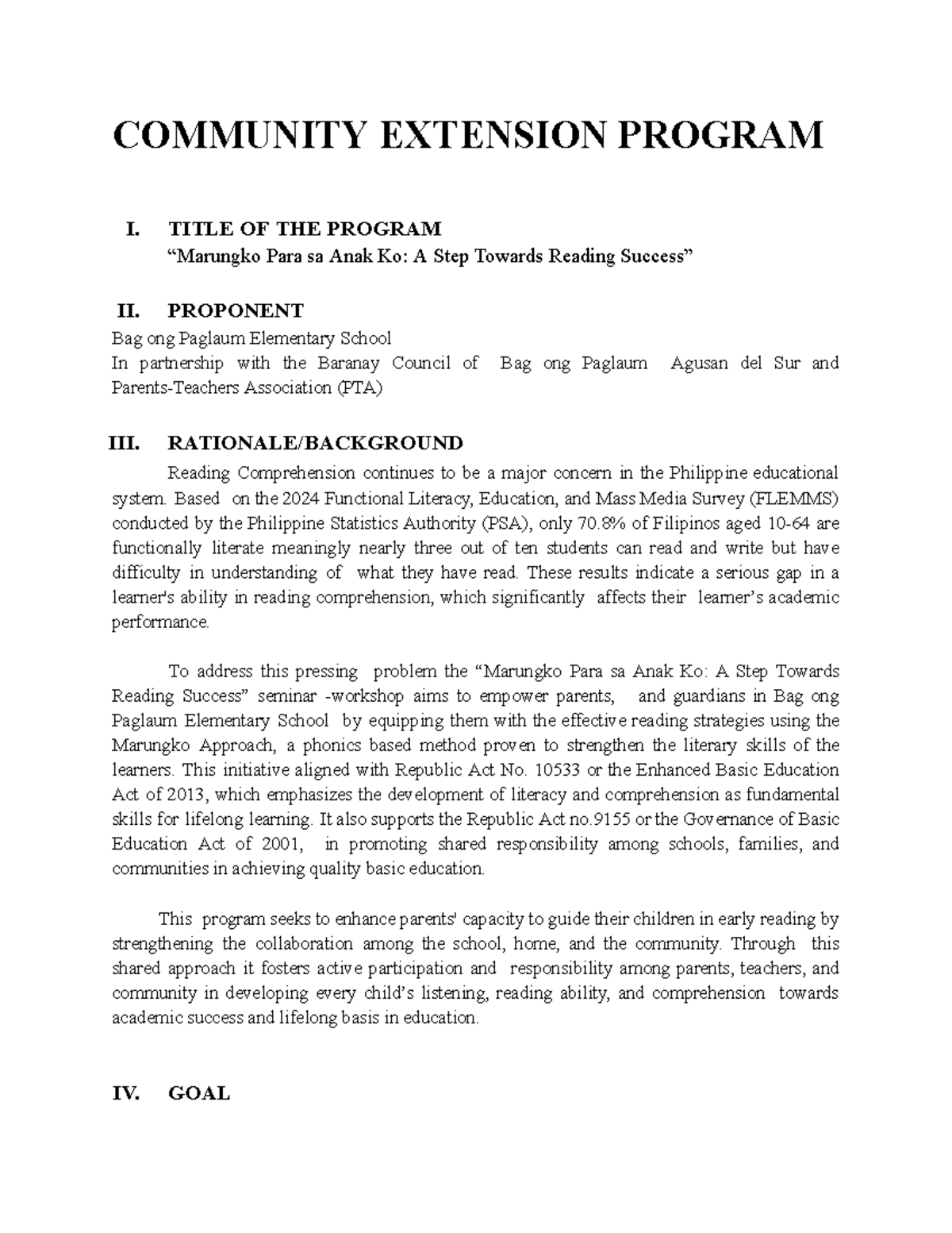 Community Extension Program Proposal G6: Para sa Anak Ko Reading ...