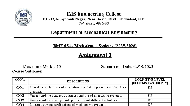 BME 054 Mechatronic Systems Assignment 1 - Key Concepts & Applications - Studocu